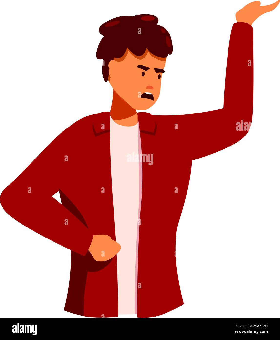 Young man is raising his arm and looking angry while making a point ...