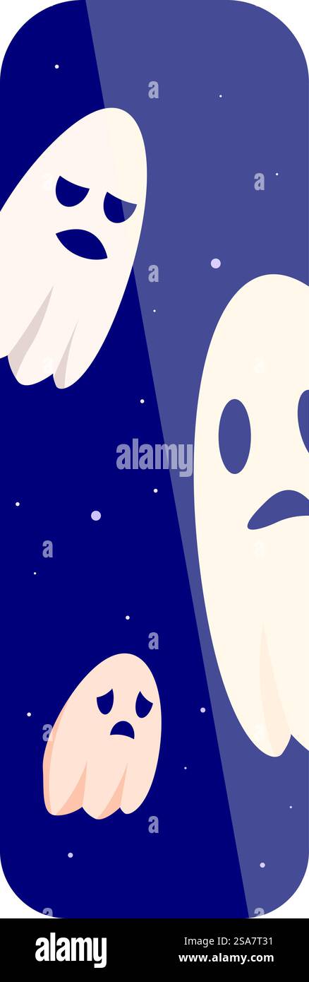 Three cartoon ghosts are floating on a dark blue background with stars ...