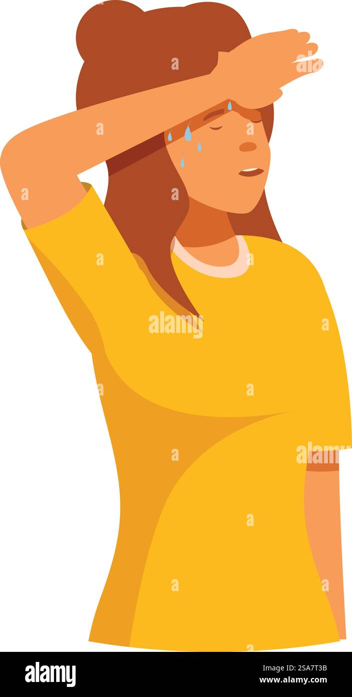 Young woman is sweating and holding her head, clearly suffering from a ...