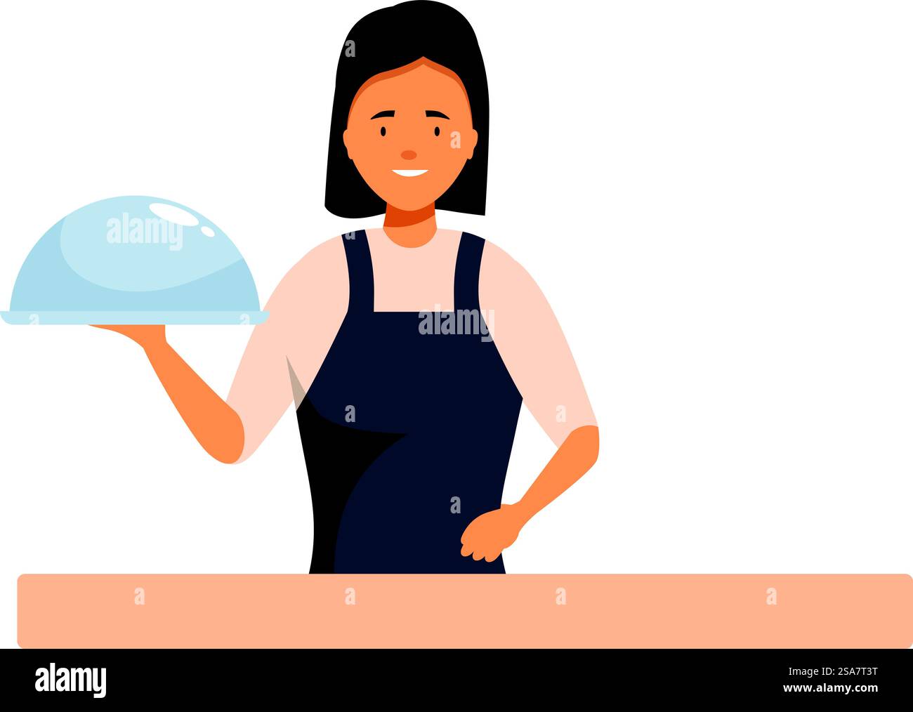 Friendly waitress is holding a covered serving tray, ready to serve a ...