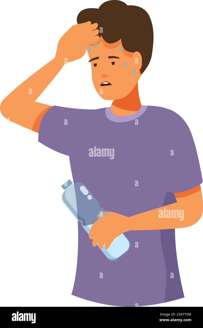 Young man is feeling hot and sweating, holding a bottle of water Stock ...