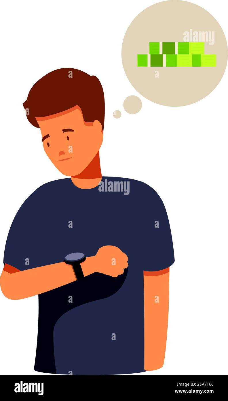 Cartoon illustration of a man looking at his watch and thinking about a ...