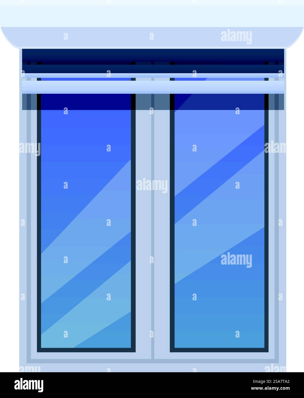 Closed plastic window with roller blind, reflecting sunlight, providing ...