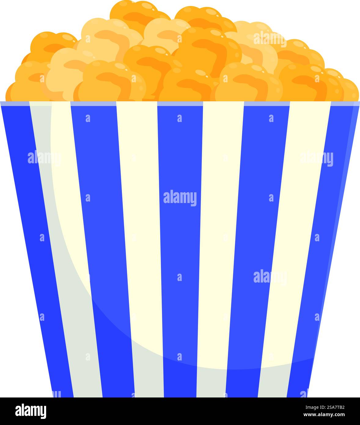 Classic blue and white striped popcorn bucket overflowing with buttery popcorn. Overflowing ...