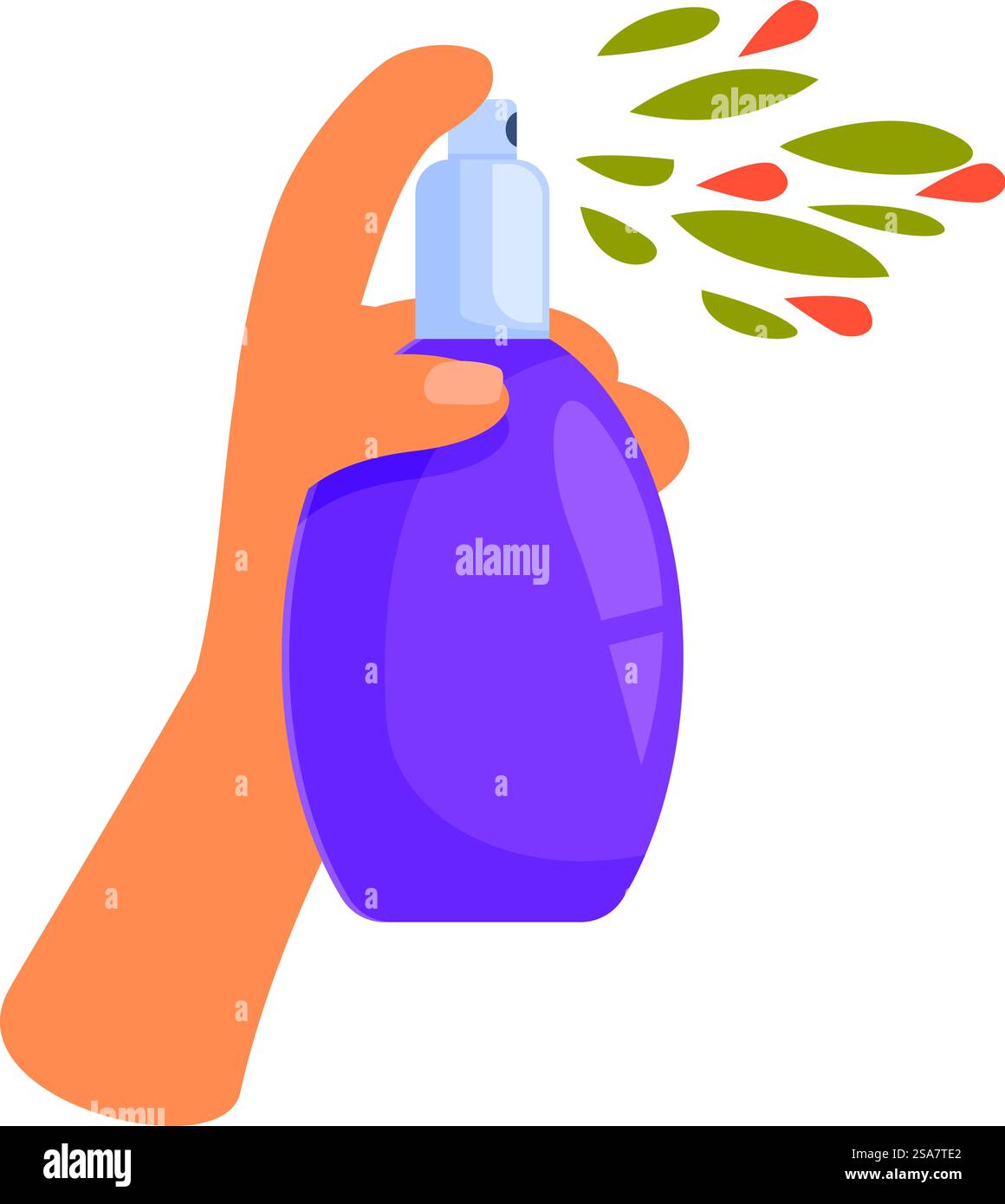 Hand is spraying a purple perfume bottle and a mist of fragrance is ...