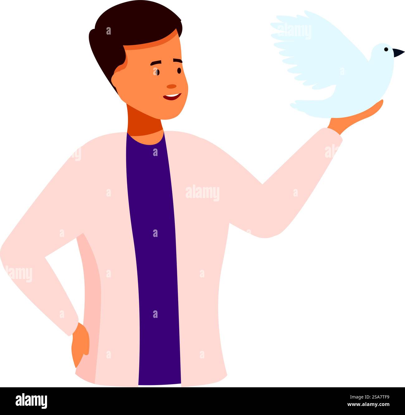 Young man is holding a white dove, a symbol of peace and freedom ...