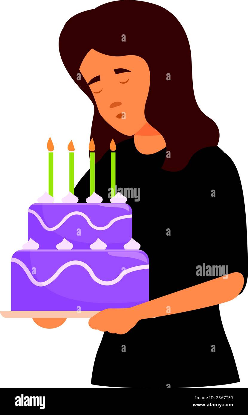 Sad woman holding a birthday cake with candles, making a wish with her ...