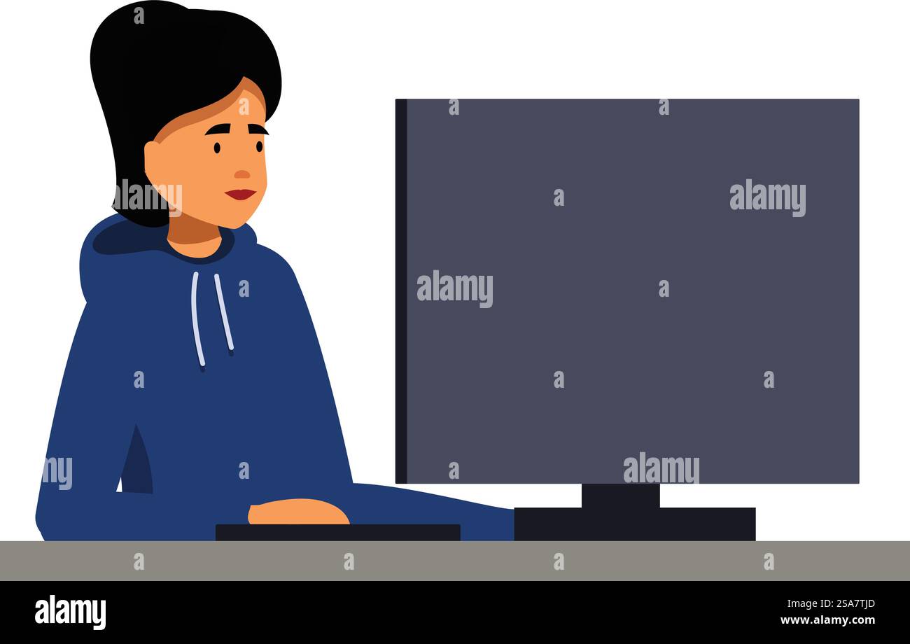 Young woman is sitting at a desk working from her home office using a ...