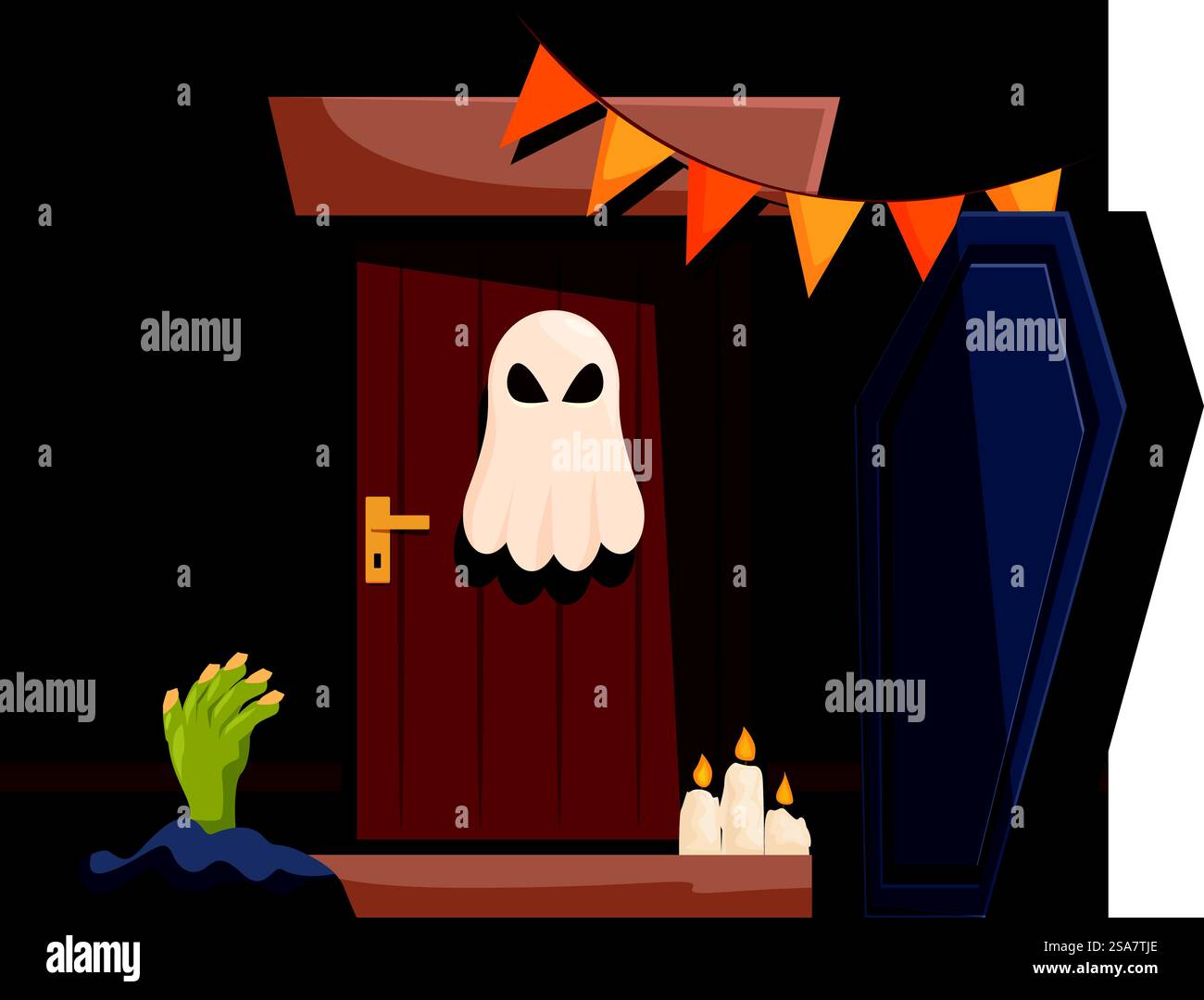 Spooky halloween party house entrance decorated with ghost and coffin ...