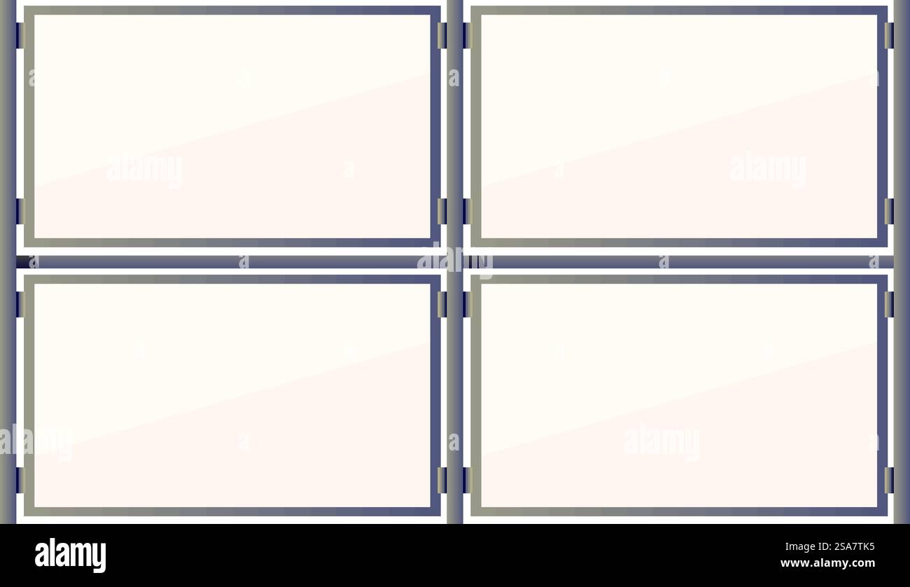 Four blank horizontal whiteboards are hanging on a metal frame ...