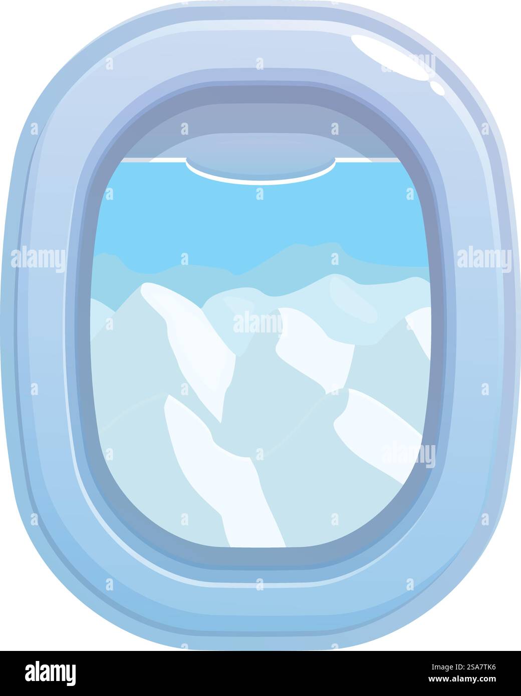 Cartoon airplane window is showing a view of snow capped mountains ...