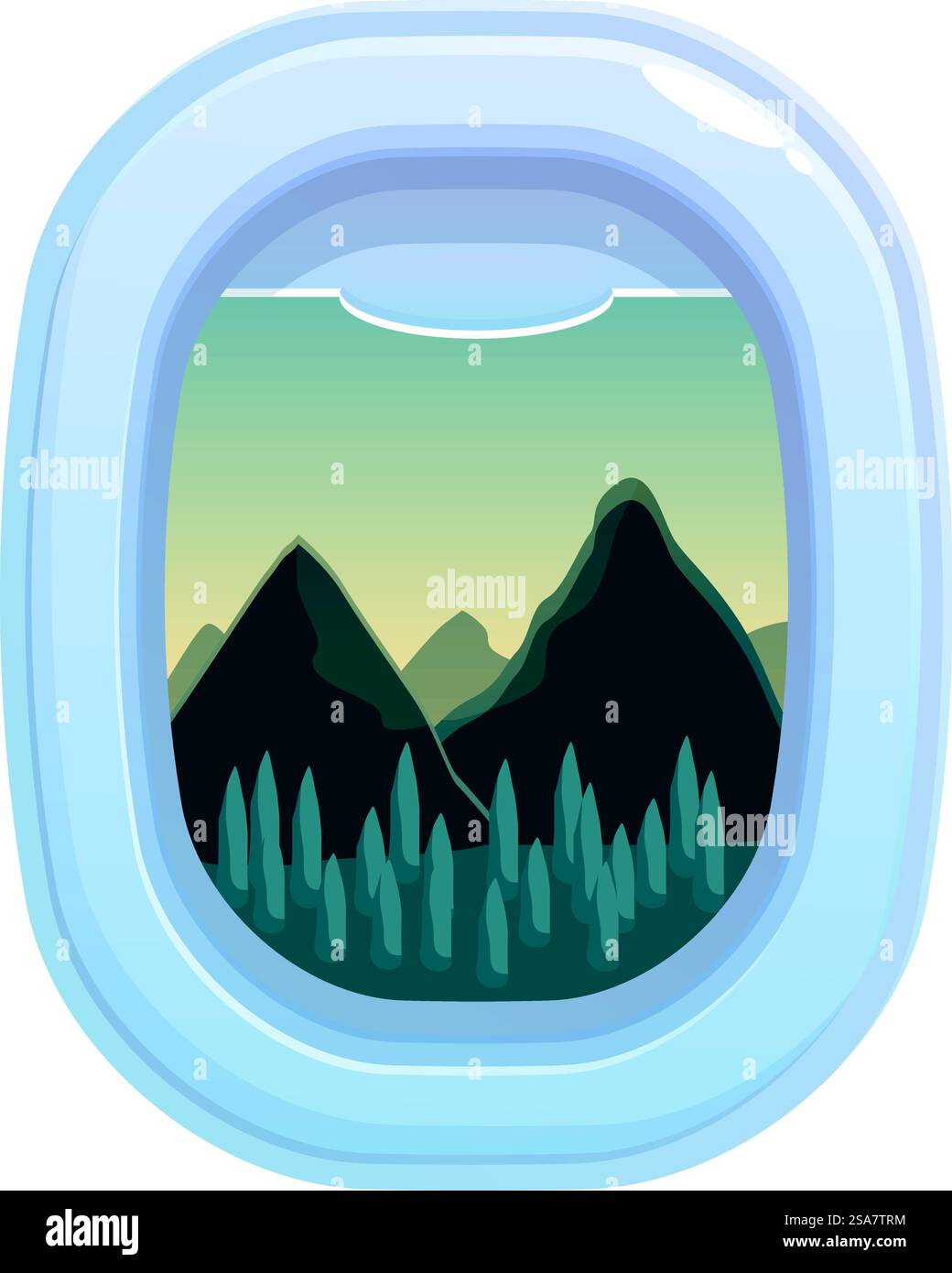 Airplane window revealing a mountain range with forest during a flight ...