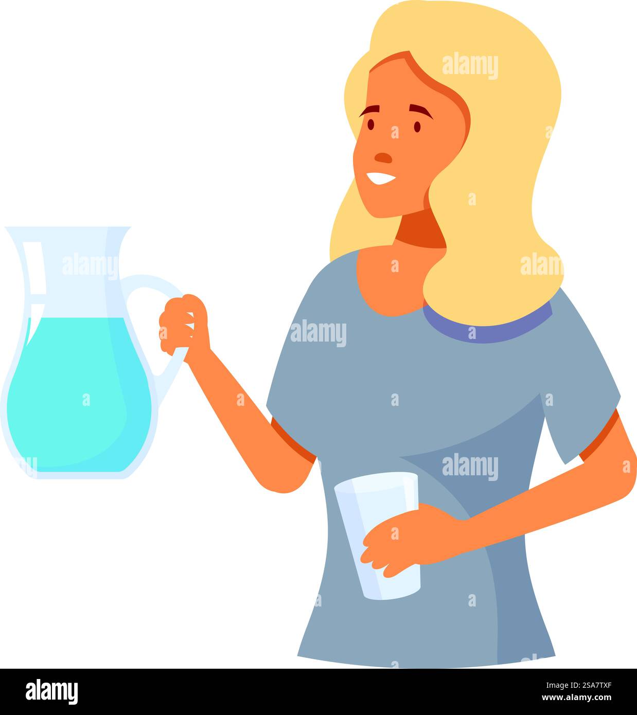 Young woman is holding a pitcher of water and a glass, encouraging ...