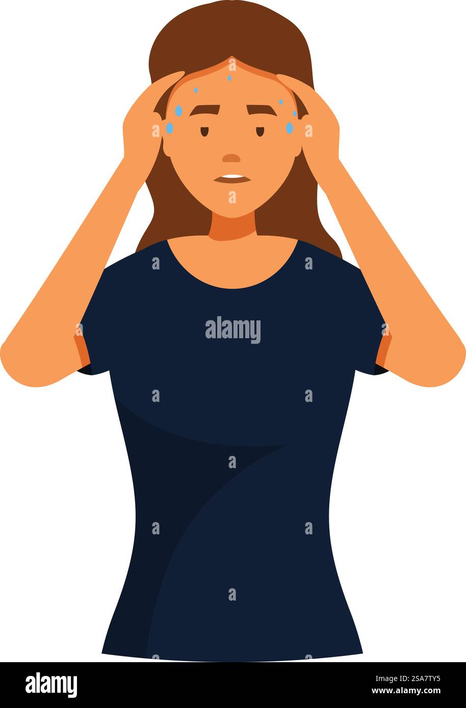 Young woman is sweating and holding her head, clearly experiencing a ...