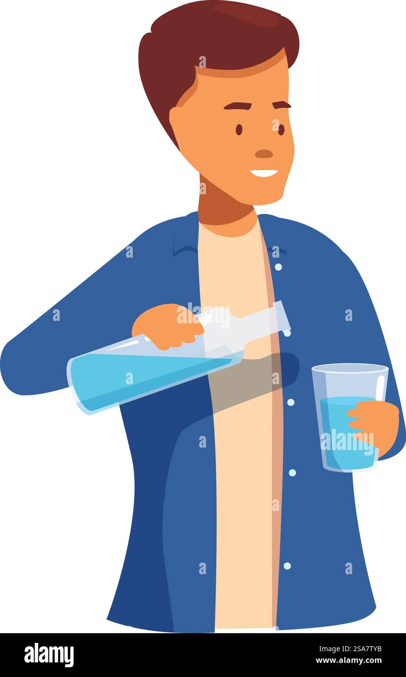 Young man is pouring fresh water from a bottle into a glass. Young man pouring water from bottle ...