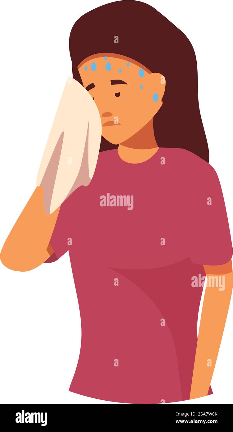 Young woman is wiping sweat from her forehead with a handkerchief ...