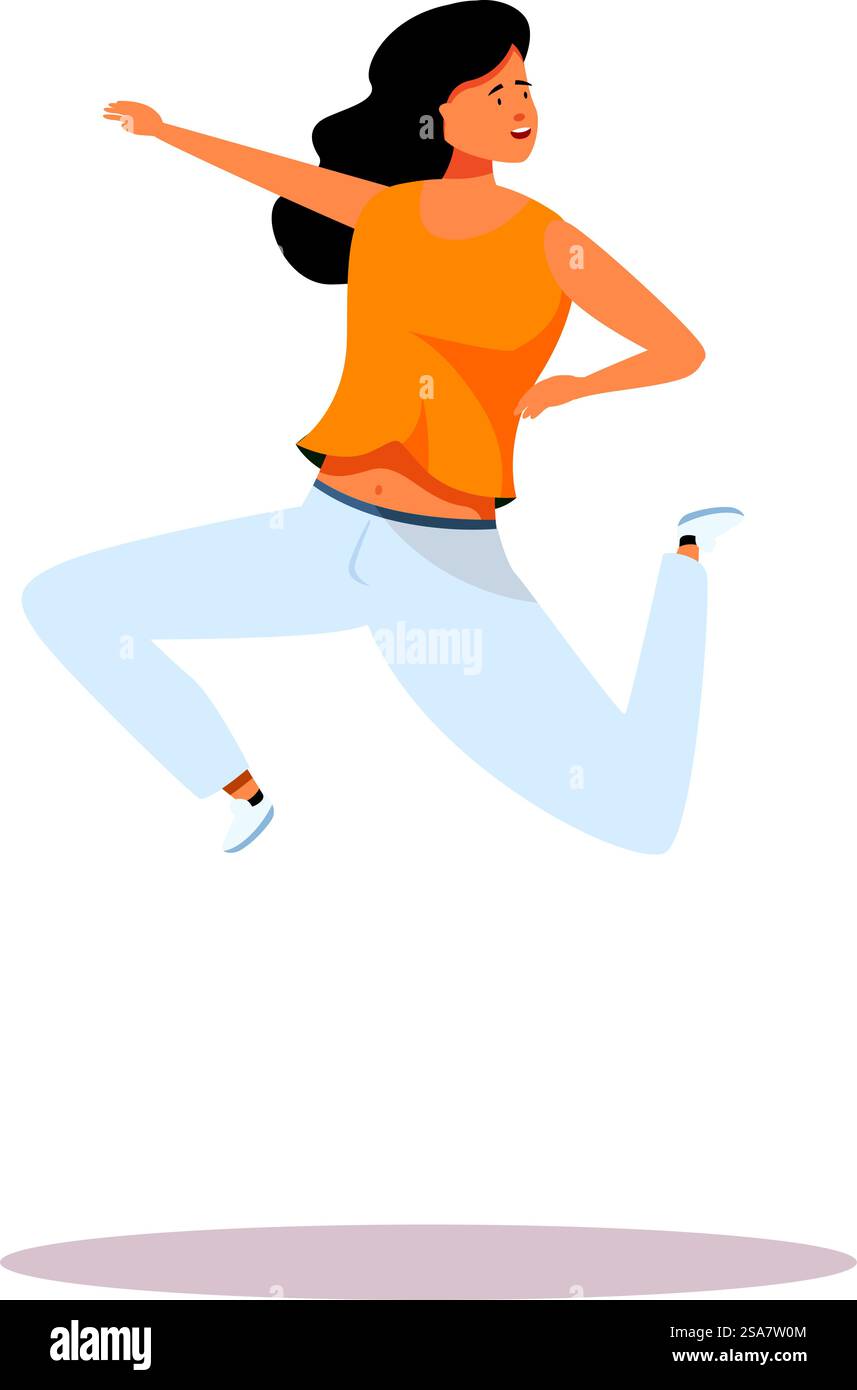 Young woman is happily jumping in the air, expressing joy and a ...