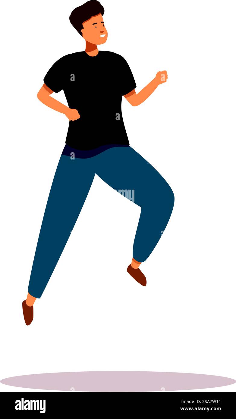 Happy young man is jumping in the air, running with a smile on his face ...