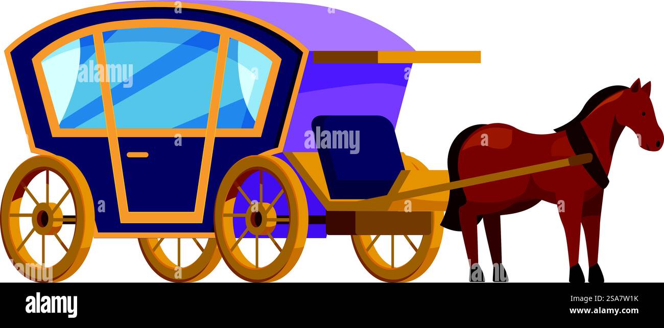 Brown horse patiently waits, hitched to an elegant purple carriage with ...