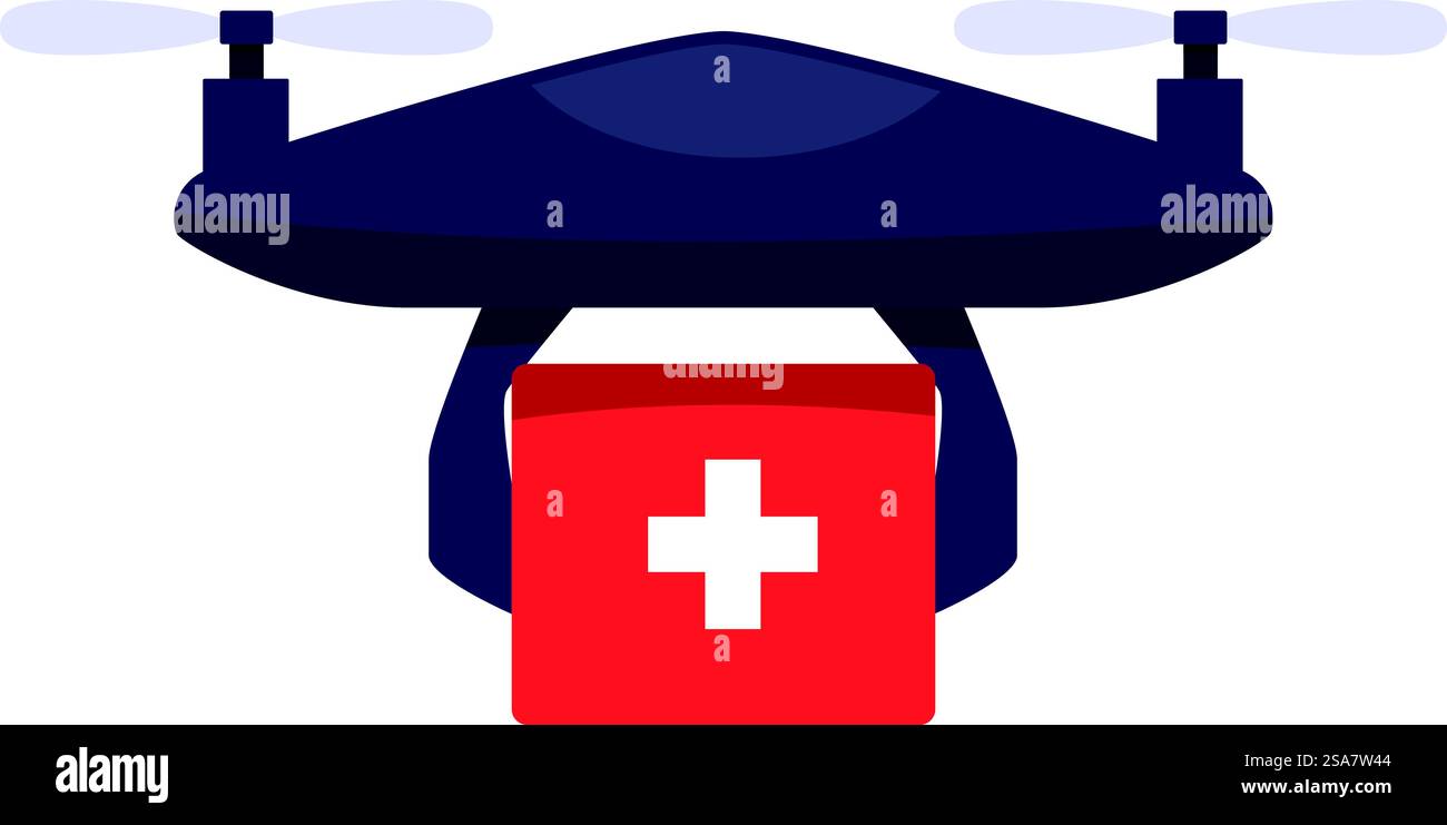 Drone is carrying a first aid kit, representing the concept of medical ...
