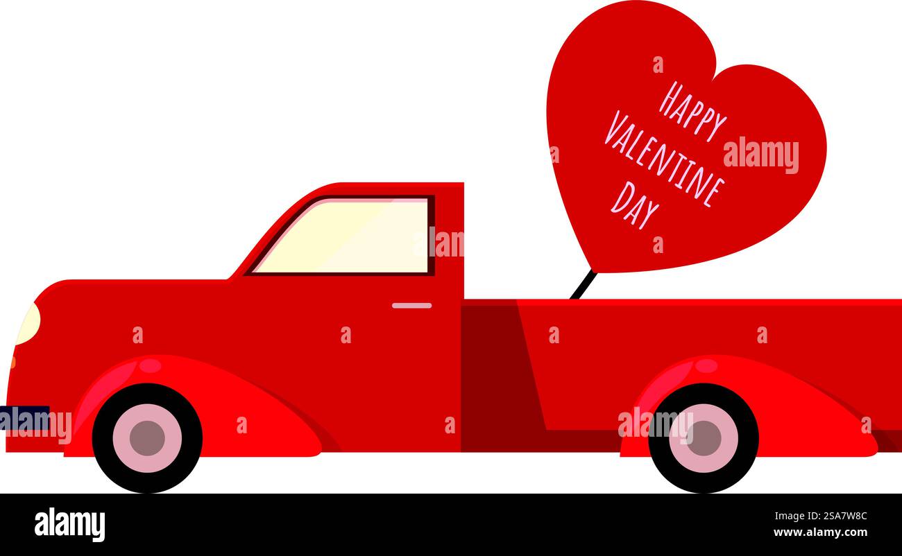 Classic red pickup truck carrying a big red heart for valentine’s day ...
