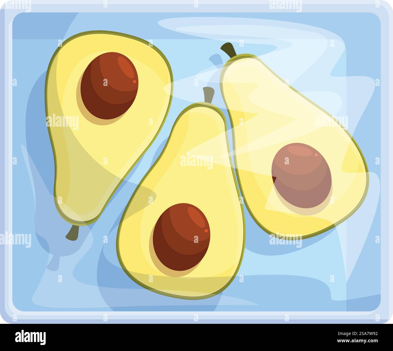 Three ripe avocados are being stored in a plastic tray, ready for sale ...