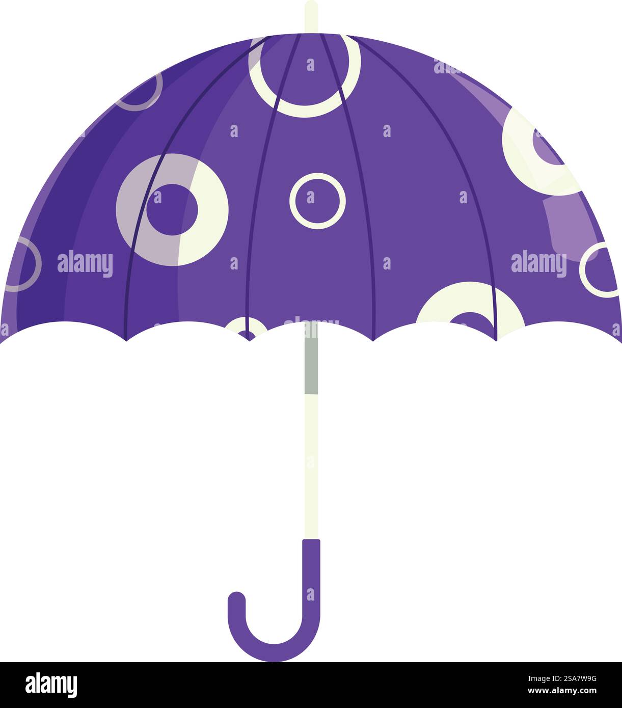 Purple umbrella with white circles is providing shelter from a downpour ...