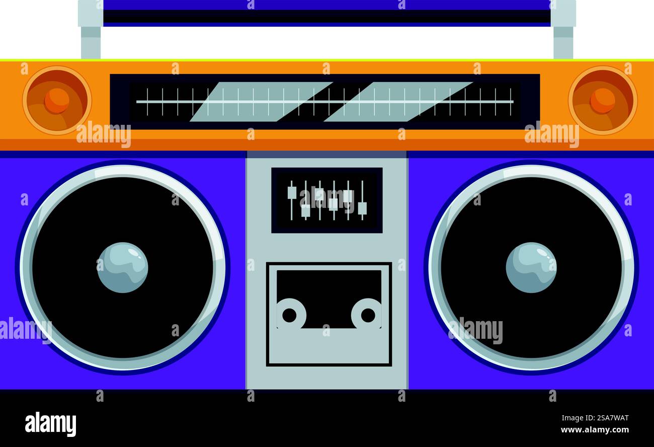 Purple and orange boombox with a cassette tape inside, playing music ...