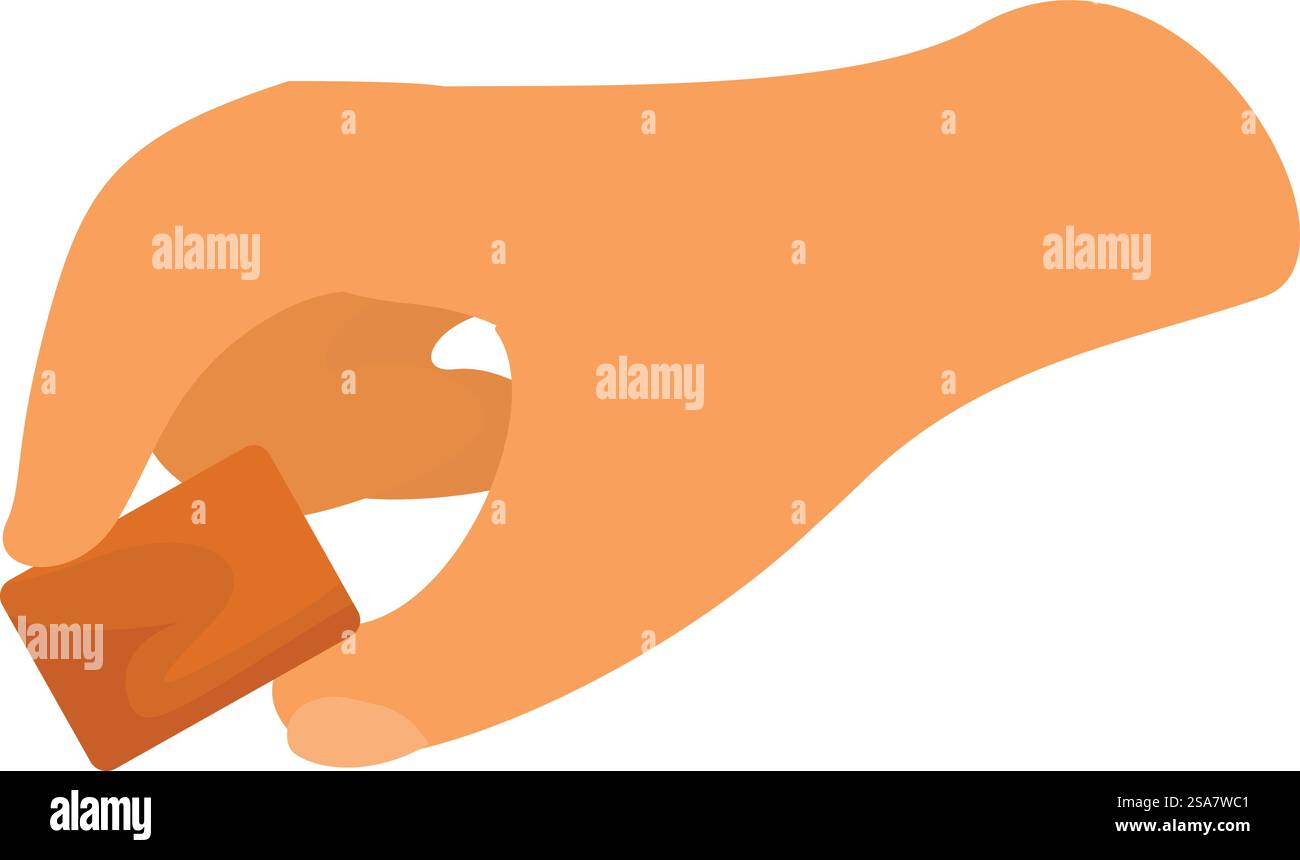 Hand is carefully holding a small, light brown, rectangular wooden ...