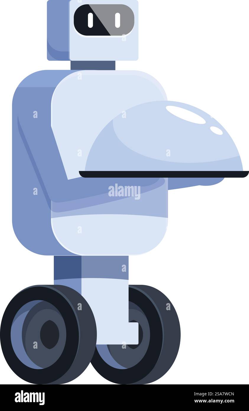 Robot waiter on wheels is holding a cloche platter, ready to serve food ...