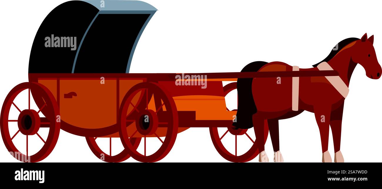 Brown horse standing still harnessed to covered wagon, carriage ...