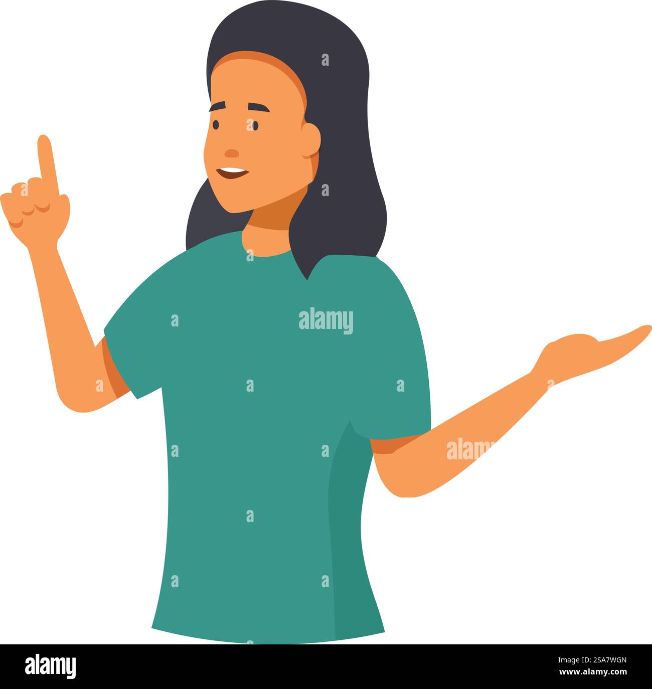 Young woman is gesturing with her index finger raised and palm open ...