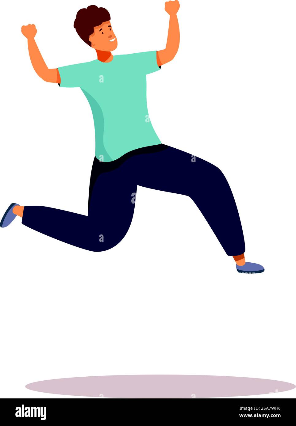 Young man is jumping for joy with his arms raised in the air ...