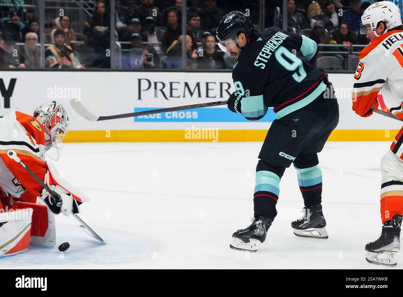Anaheim Ducks goaltender Lukas Dostal, left, stops a shot from Seattle ...