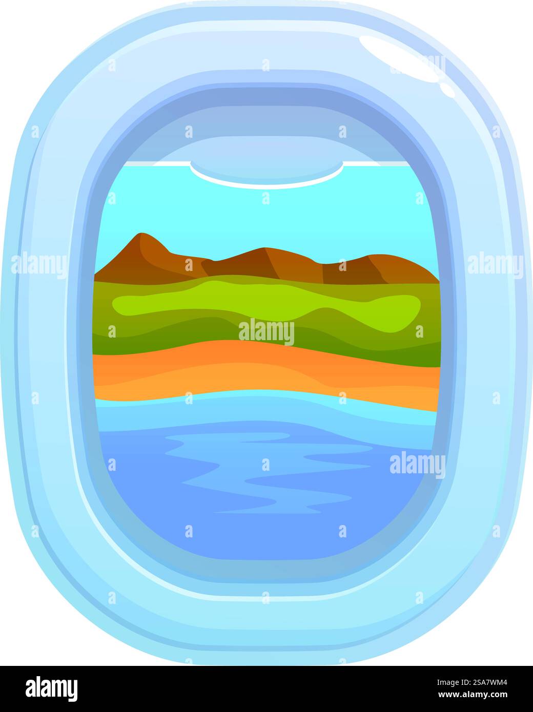 Cartoon airplane window looking out over a tropical island and the ...