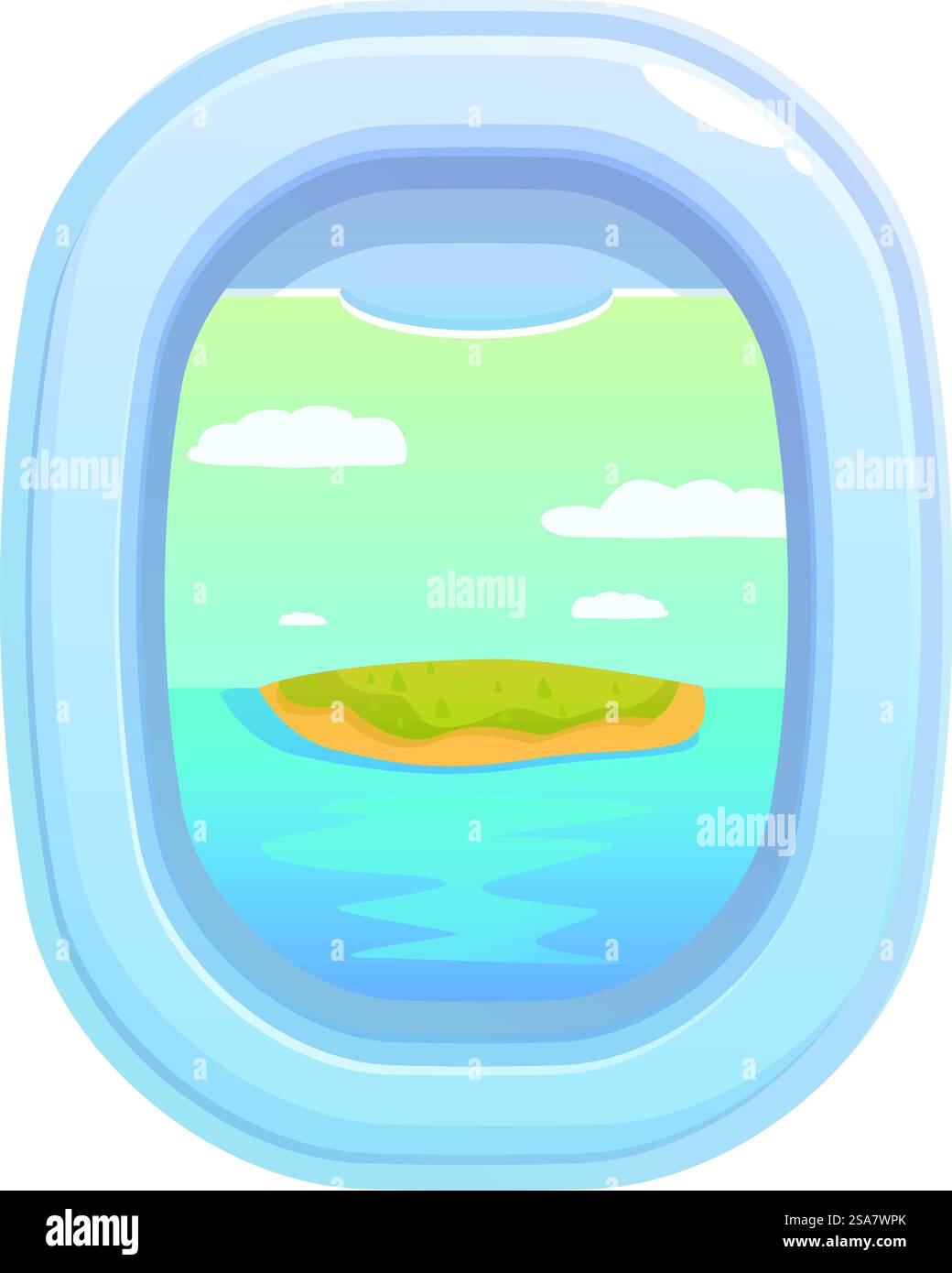 Airplane window is showing a tropical island from the passenger seat ...
