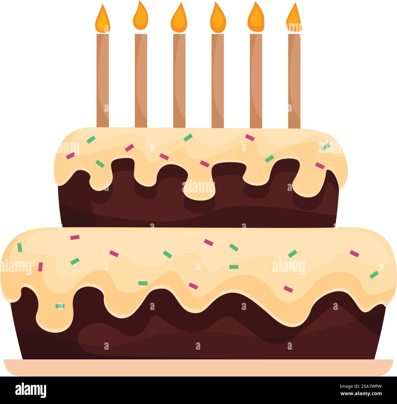 Delicious two tiered birthday cake with lit candles is ready for a ...