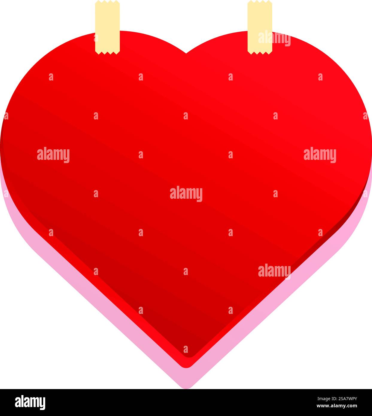 Red heart shape is hanging from two pieces of tape on a white ...