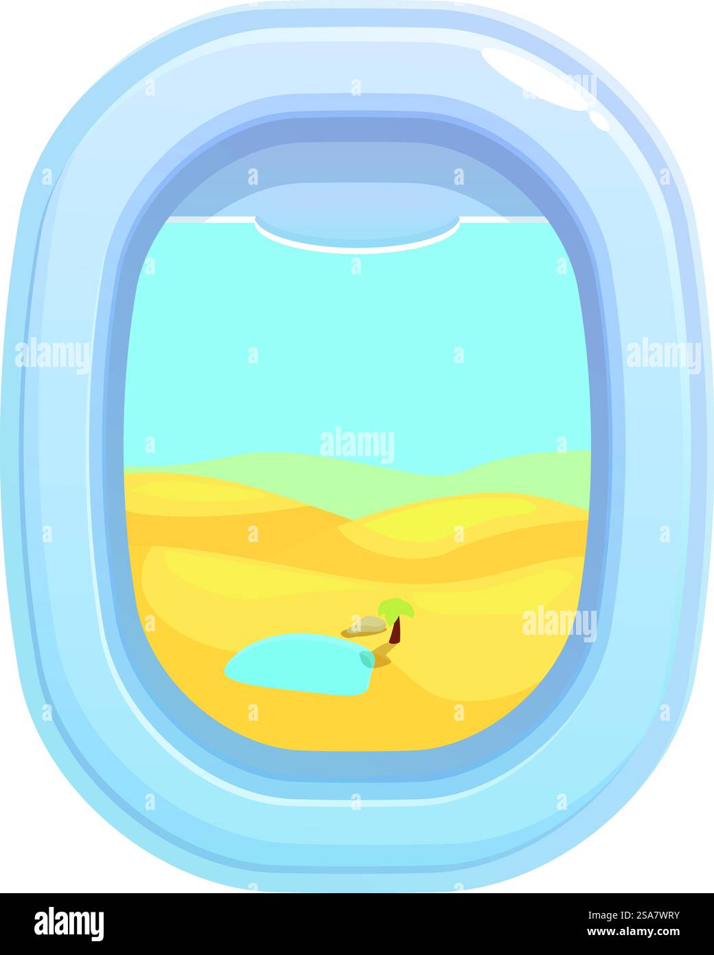 Cartoon airplane window showing an oasis in the desert during a flight ...