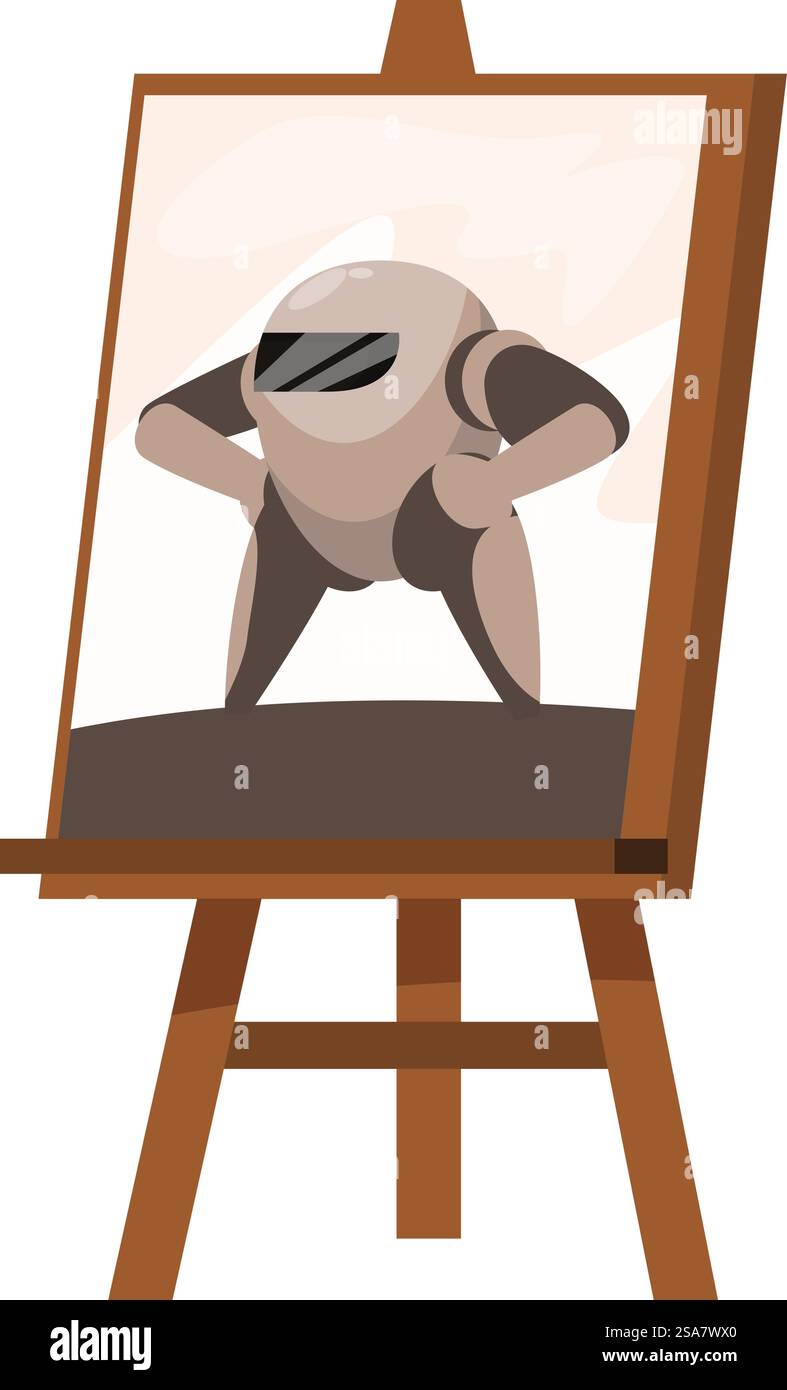 Canvas painting on wooden easel depicting robot striking a pose. Robot ...