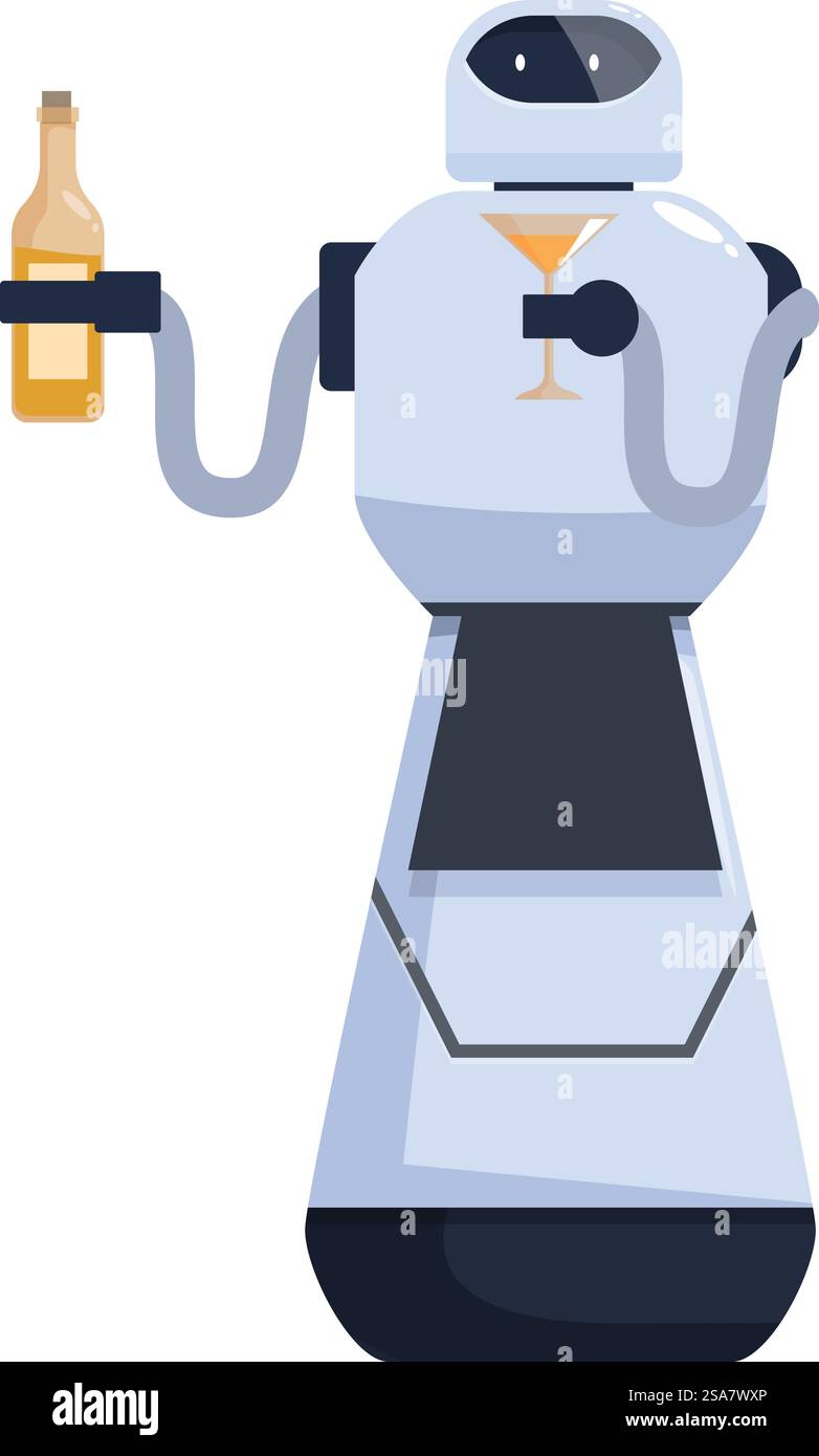 White robot waiter holding bottle and glass serving drinks. Robot ...