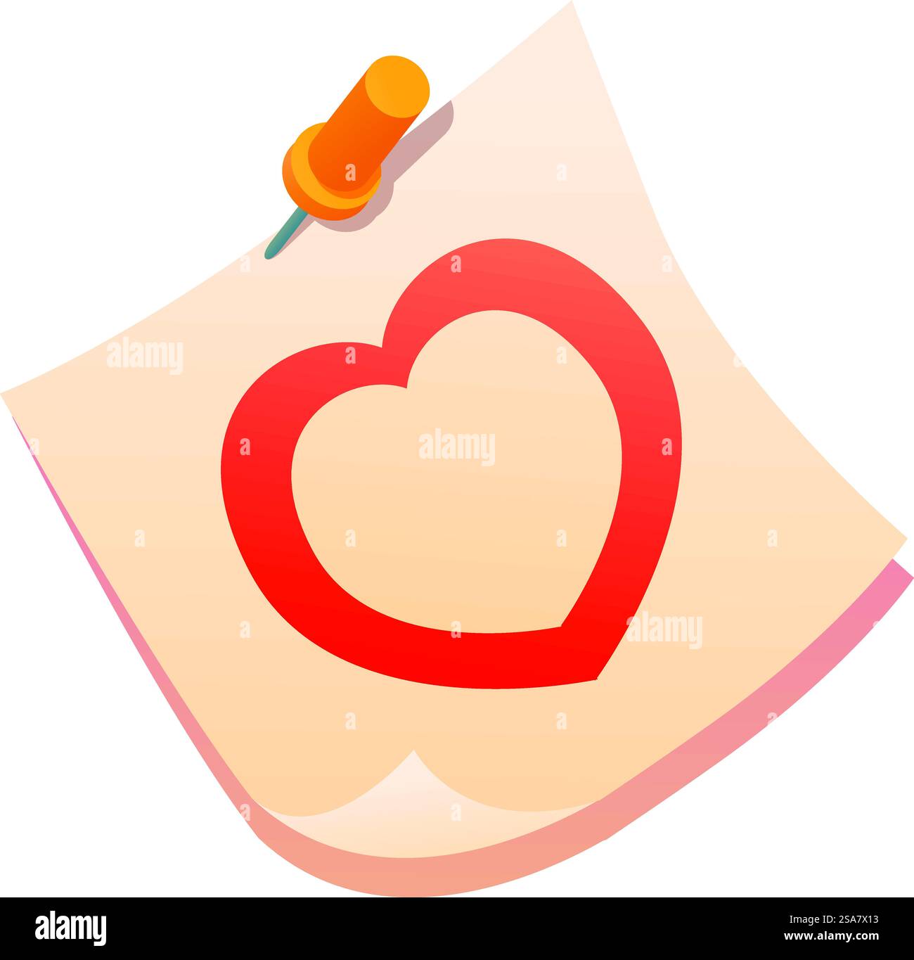 Paper note is pinned with a red heart representing love, affection, and ...