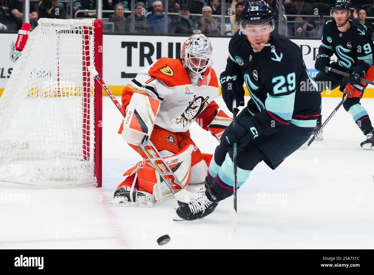 Anaheim Ducks goaltender Lukas Dostal (1) watches the puck after a stop ...
