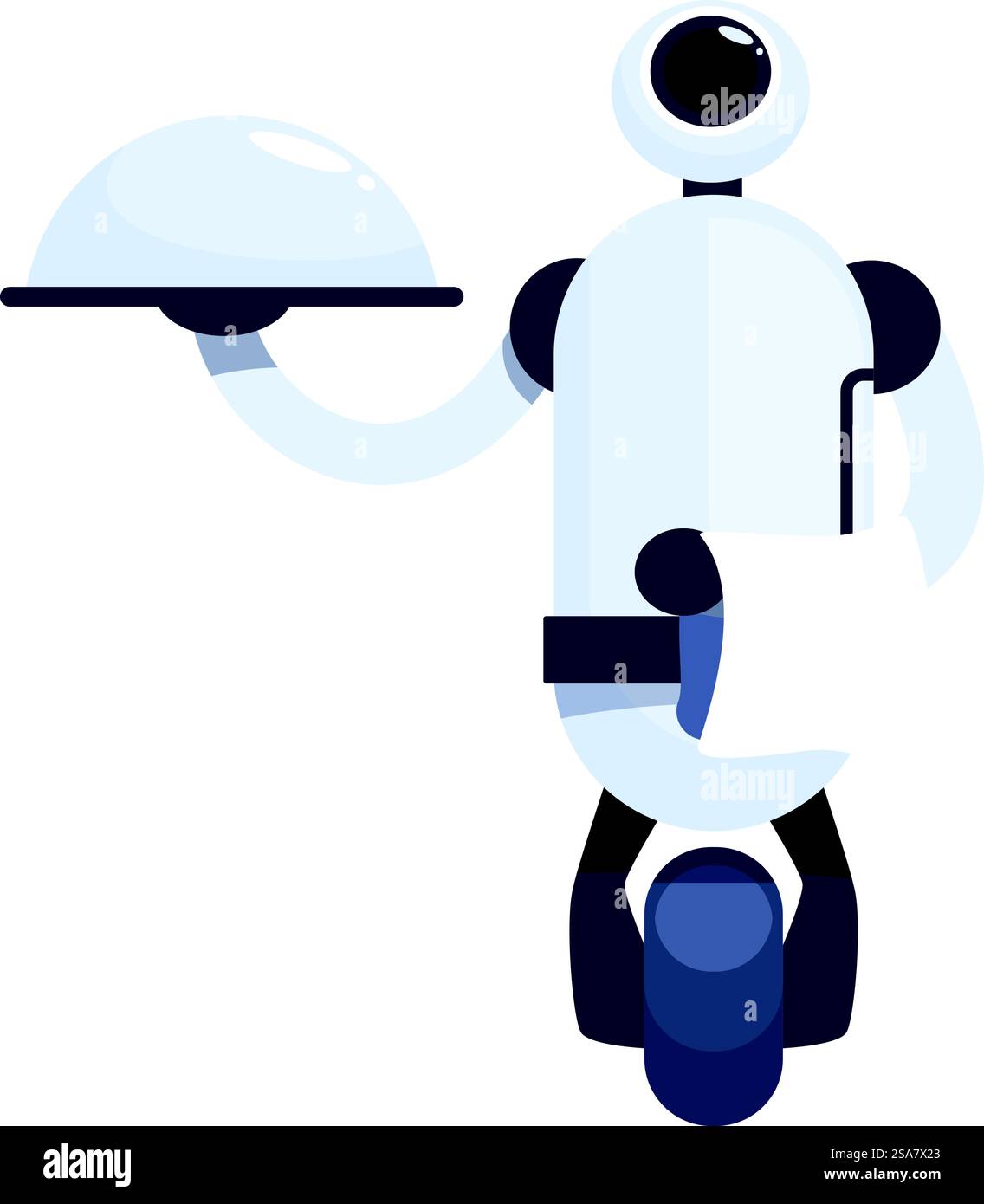 White robot waiter character holding silver cloche serving tray riding ...