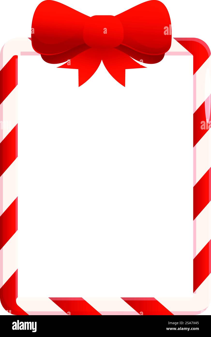Christmas candy cane border is decorated with red bow for greeting card ...