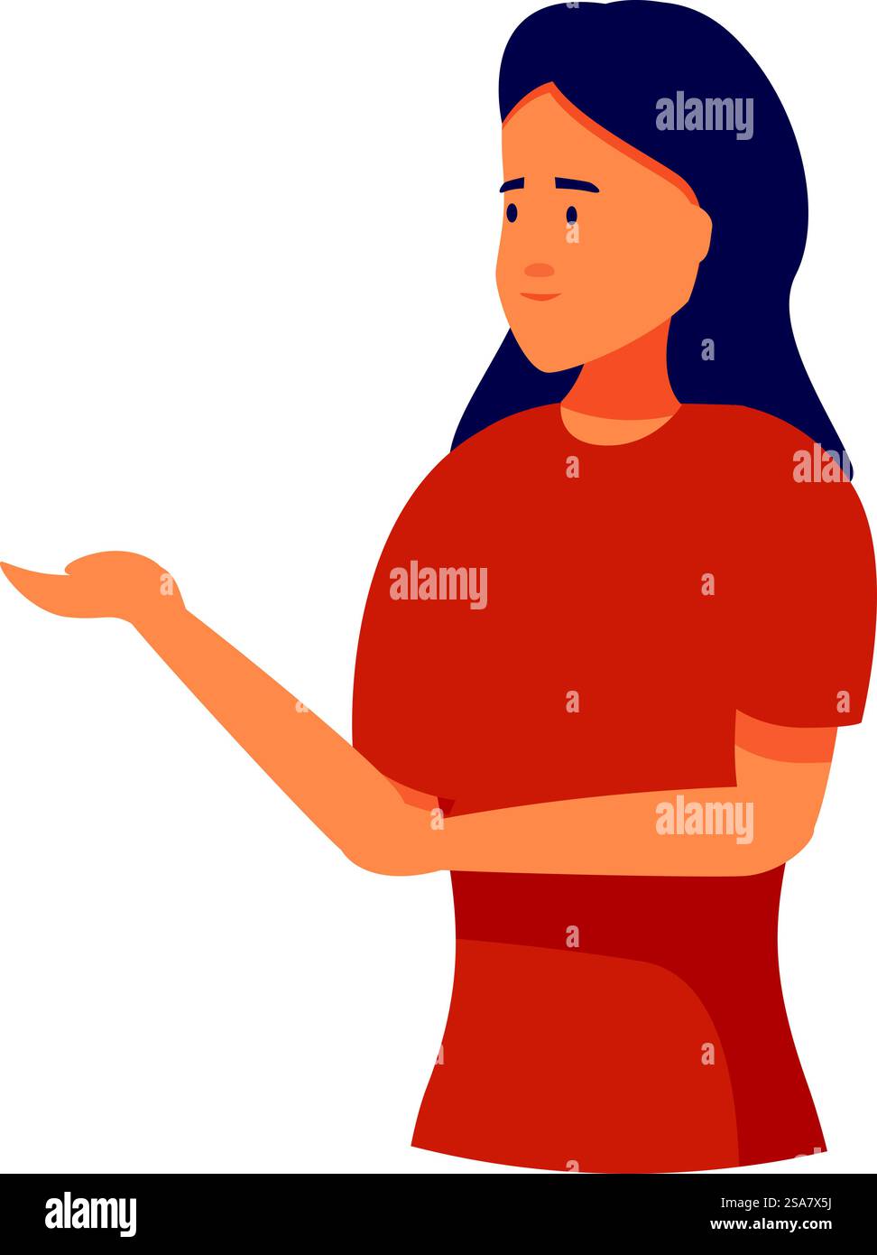Young woman is gesturing with her open hand as if presenting or showing ...
