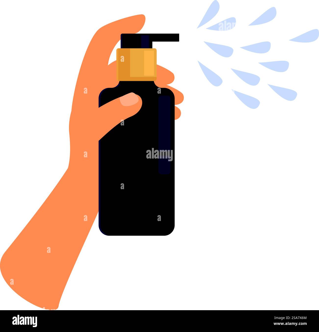 Hand is holding a spray bottle and applying disinfectant liquid. Hand ...