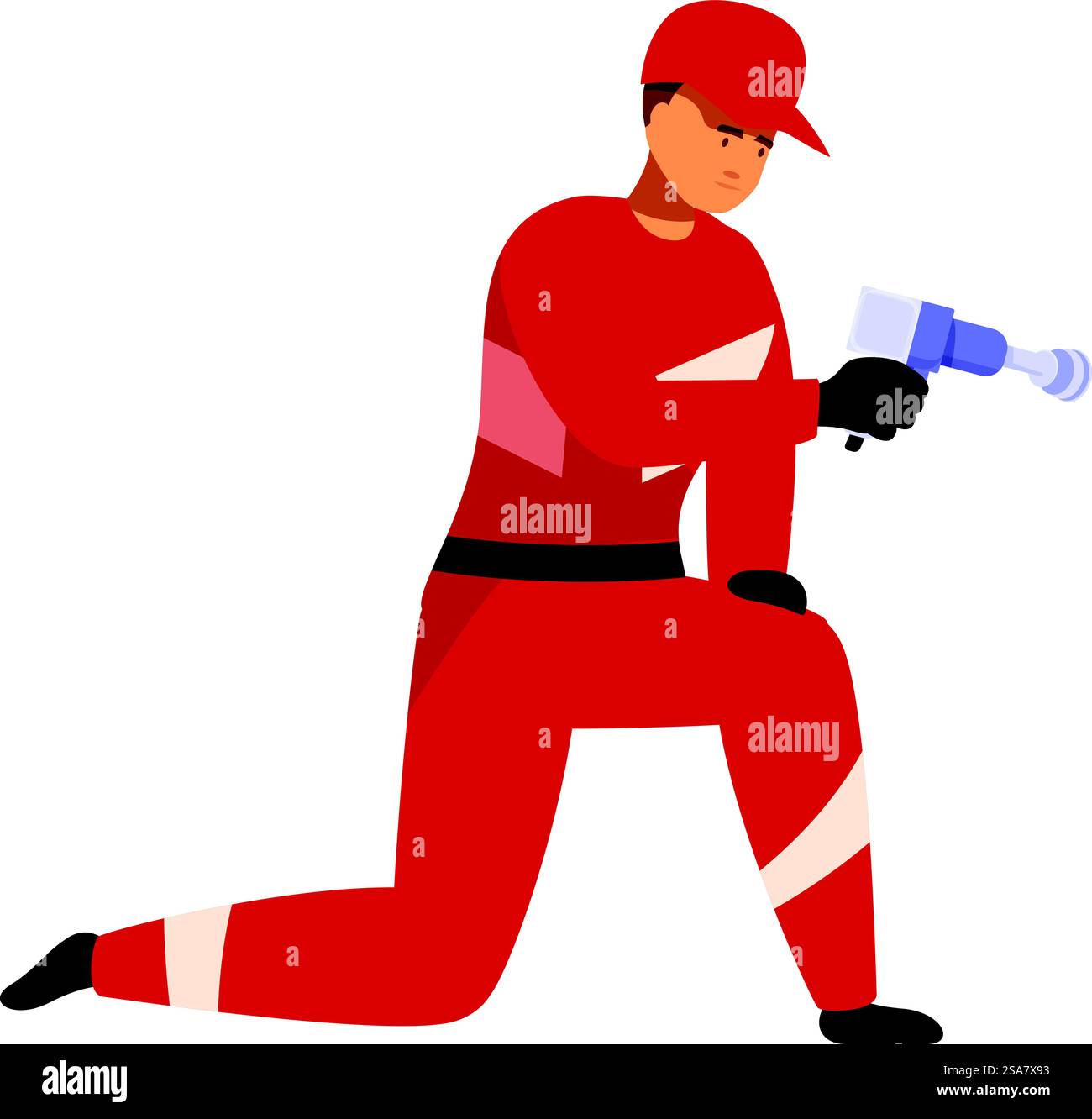 Mechanic in uniform is kneeling and holding an impact wrench, possibly ...