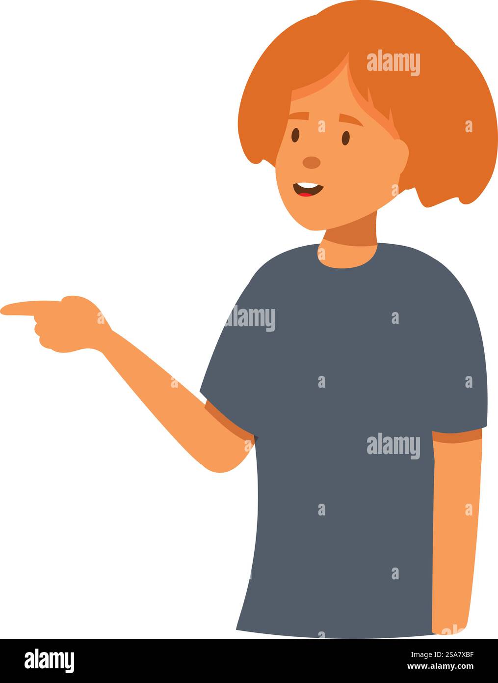 Young woman pointing her finger to the side while smiling happily. Young woman pointing aside ...