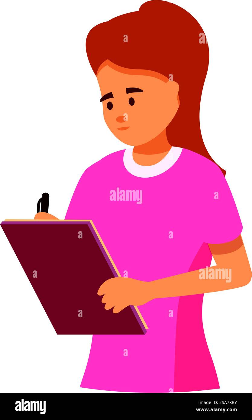 Young woman is carefully writing notes on her clipboard, focused on her ...